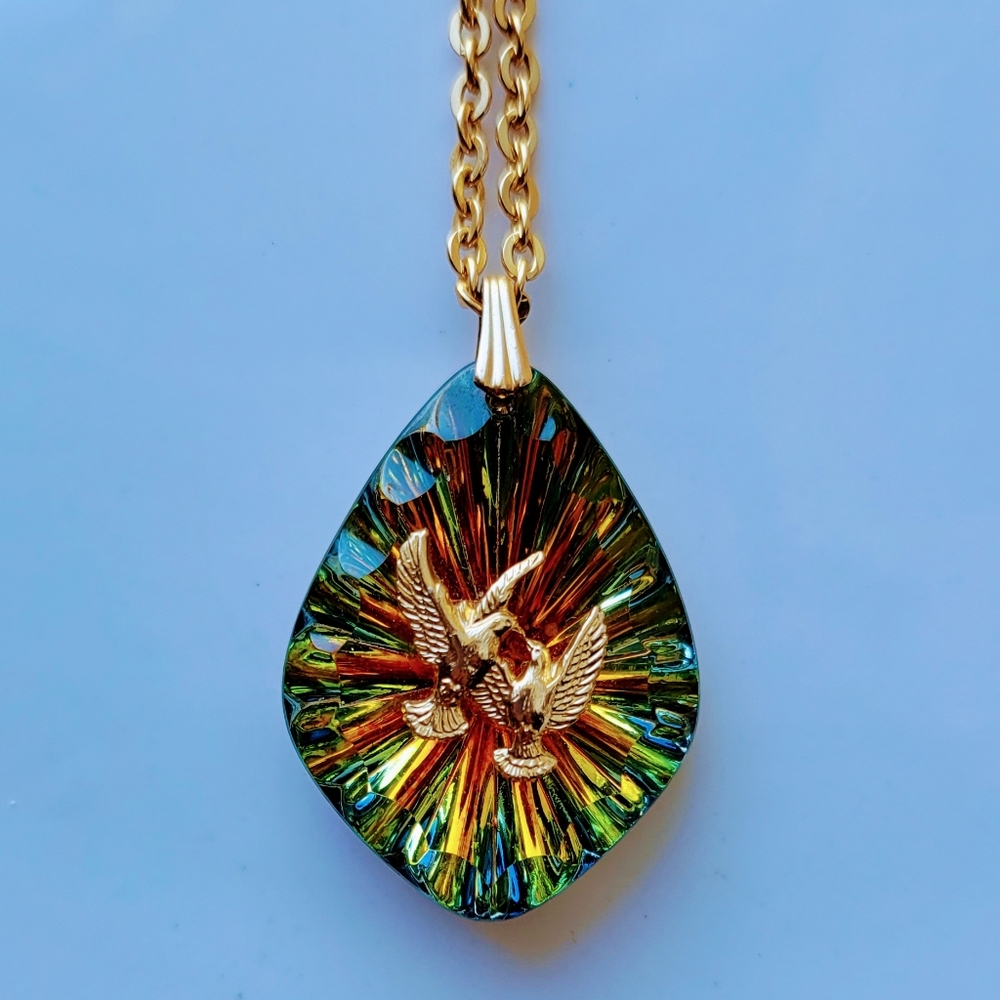 Vtg Signed Germany Ab Crystal Gold Dove Necklace - Gem